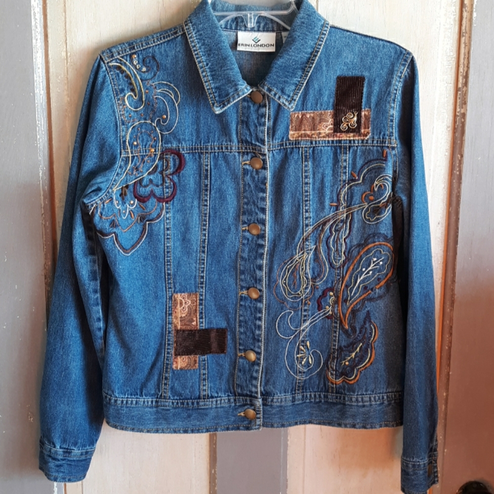 Erin London Denim Jacket Beadwork Embroidered - Gem